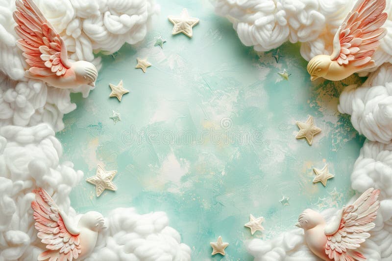 Dreamy Pink Floral Frame with Clouds and Doves. Generative AI Stock ...