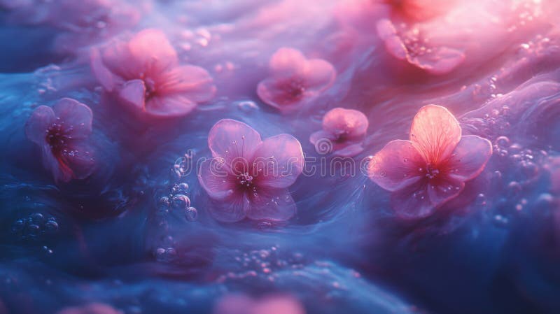 Dreamy Pink Flowers Floating on a Soft Aqua Textured Background Stock ...
