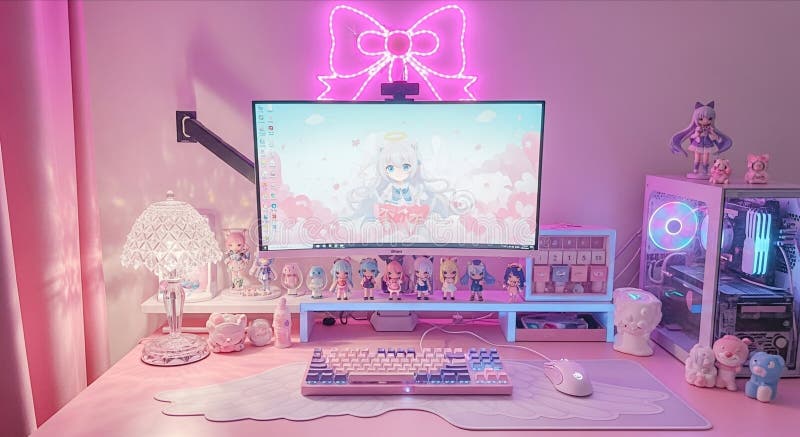 Dreamy Pink Gaming Setup with Cute Anime Theme and Neon Bow Light ...