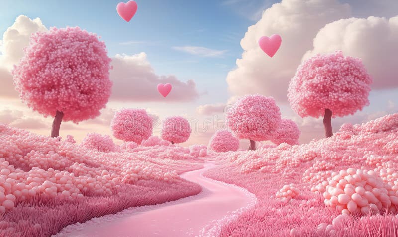Dreamy Pink Landscape Fluffy Trees Heart Shaped Clouds Stock Photos ...