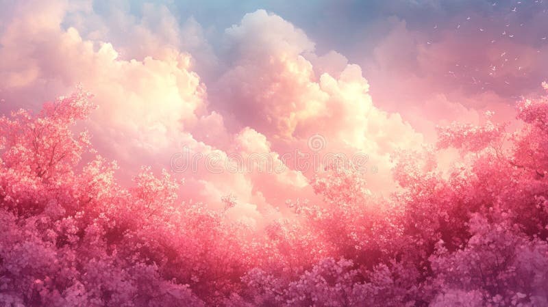 Dreamy Pink Sky and Blossoming Trees Stock Illustration - Illustration ...