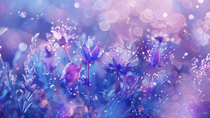 Dreamy Purple Flowers with Dew Drops in Bokeh Light, Abstract Spring ...