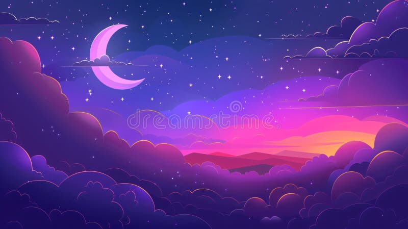 Dreamy Purple Night Sky with a Crescent Moon, Stars, and Soft Gradient ...