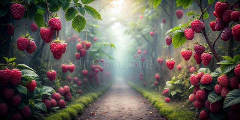 Dreamy Raspberry Pathway in Misty Forest AI-Created Content Stock ...