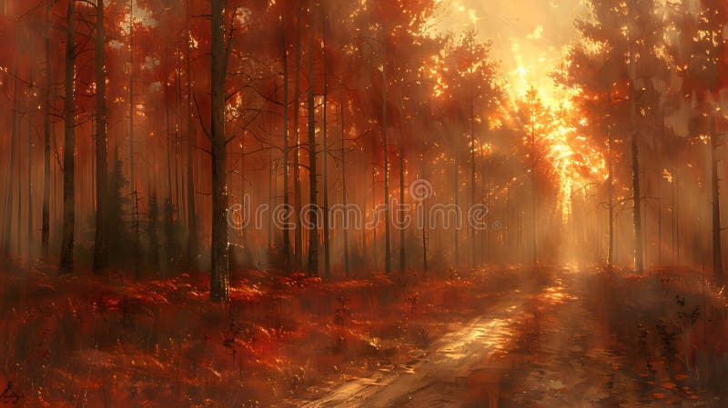 Dreamy Red Forest. a Lonely Road in the Middle of the Red Forest Stock ...