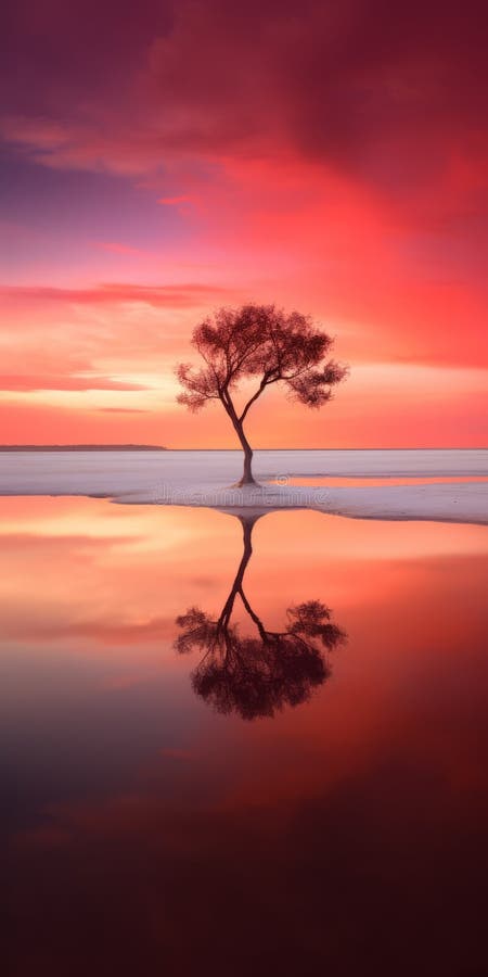 Dreamy Reflection: a Captivating Red Tree in Soft Pastels Stock ...