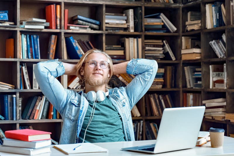 Dreamy Relaxed Man Student Resting Finished Study Work Sit in Library ...