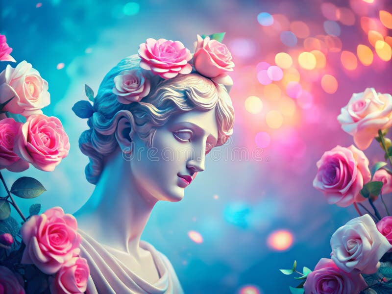 Dreamy Risograph Print Greek Statue Floating Roses Perfect for Posters ...