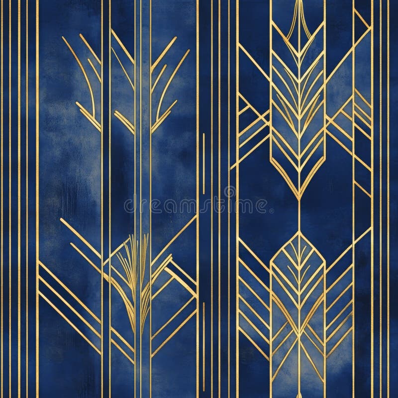 A Dreamy 1920s Art Deco Pattern with Gold Geometric Lines and Deep Blue ...
