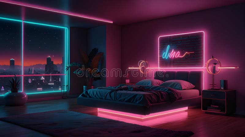 A Dreamy 80s Bedroom with Floating Neon Elements Stock Illustration ...