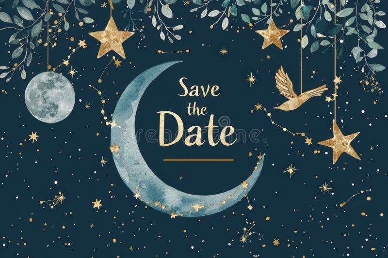 Celestial Save the Date Card with Stars and Moonlit Sky for Night ...