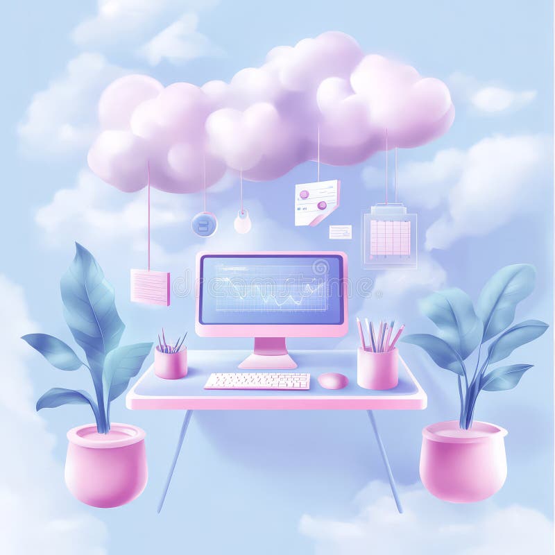 Dreamy Sci Fi Workspace Featuring Computer, Plants, and Floating Clouds ...