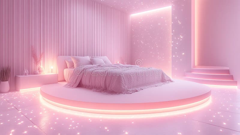 A Dreamy, Softly Lit Bedroom with a Circular Platform Bed, Bathed in ...
