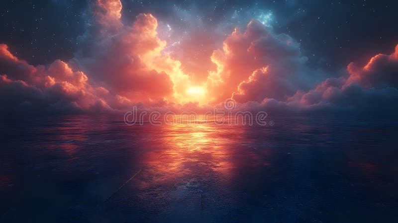 Dreamy Sunset Clouds with Stars Above the Sea Illustration Stock ...