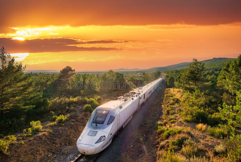 Dreamy Sunset with High Speed Train in the Forest Stock Image - Image ...