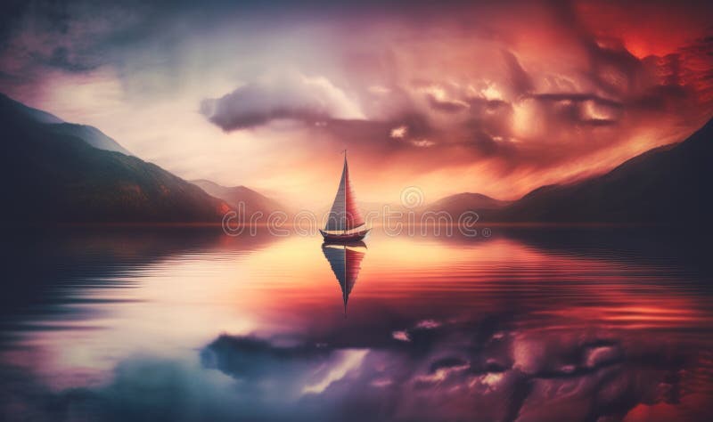Dreamy Sunset Sailing on Calm Lake Background for Invitations and ...
