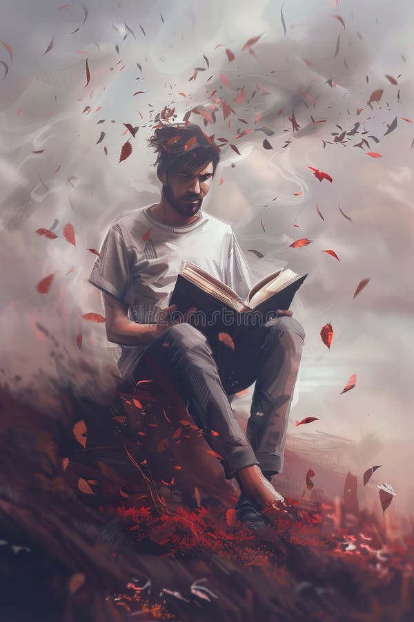 Dreamy Surreal Scene of a Man Reading Amid Falling Leaves Stock ...