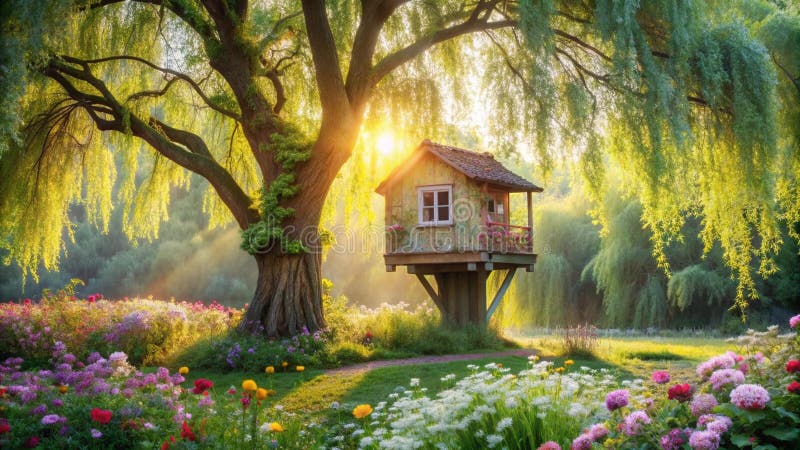 A Dreamy Treehouse Amidst the Willows Grace Generative AI Stock ...