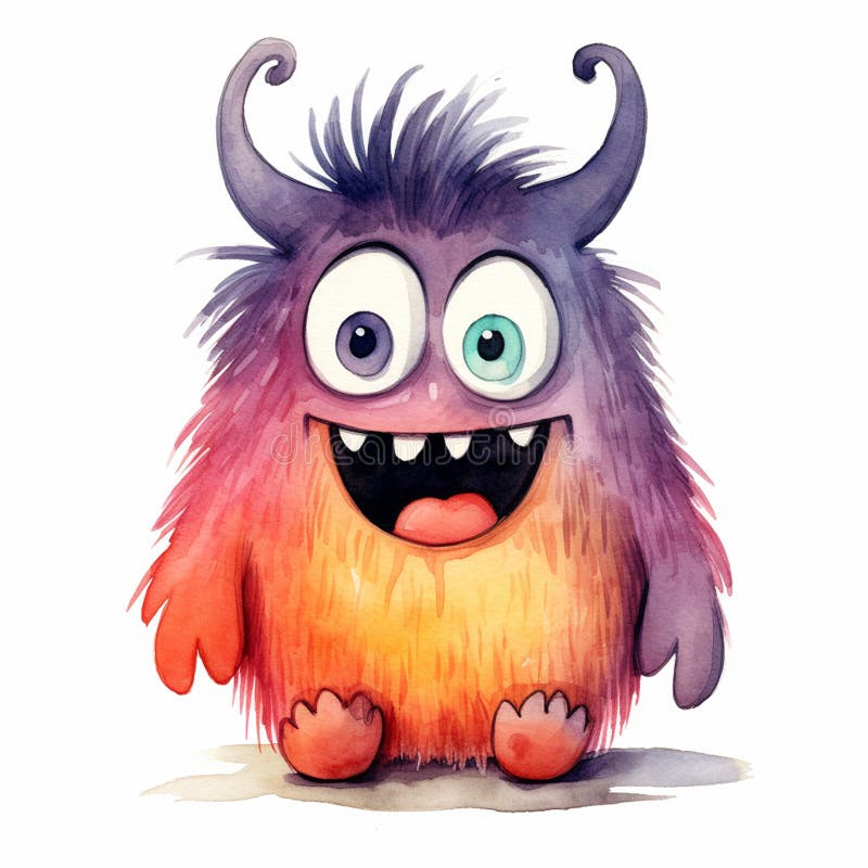 Dreamy Watercolor Monster Floating in the Clouds Stock Illustration ...