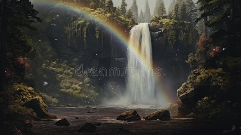 Dreamy Waterfall and Rainbow in Green Forest Background Generated by a ...