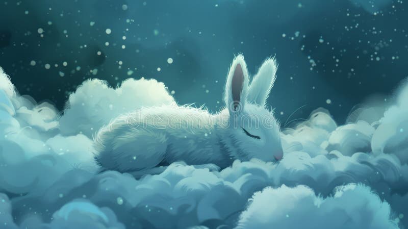 Dreamy White Rabbit Sleeping on Fluffy Clouds Under a Starry Night Sky ...