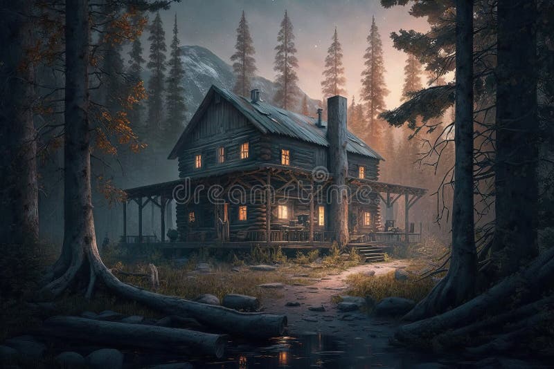 Scary Country Cabin in the Woods at Night Stock Illustration ...