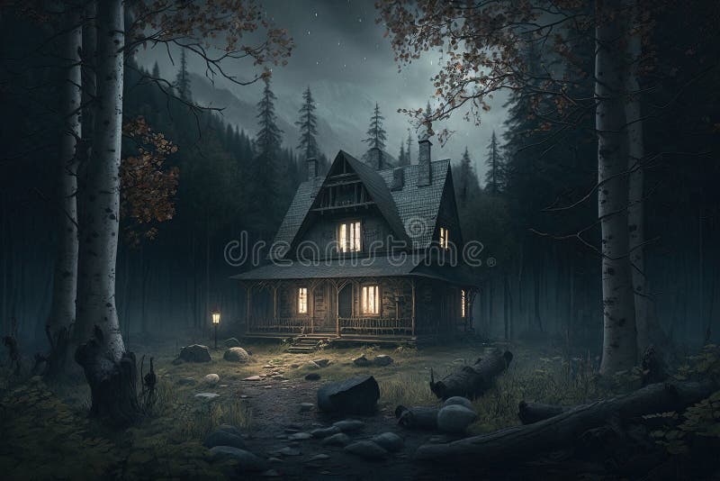 Scary Country Cabin in the Woods at Night Stock Illustration ...