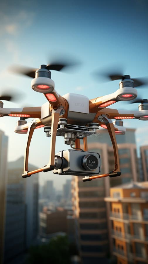 3Drender Drone with a Package Delivering Over the City Stock ...