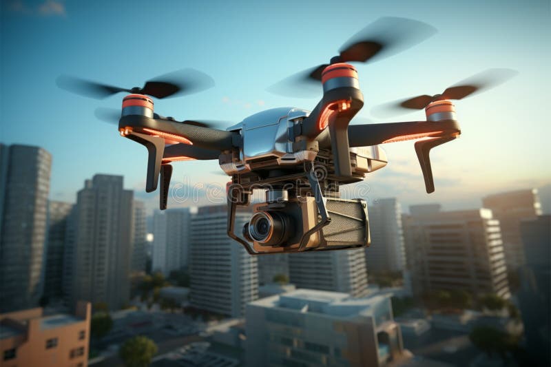 3Drender Drone with a Package Delivering Over the City Stock ...