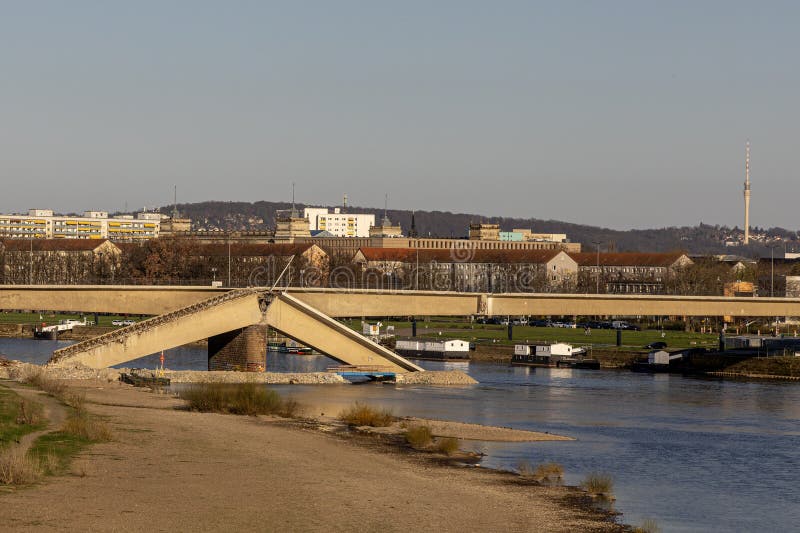 Dresden, Germany April 5, 2025. Destroyed Bridge Over the Elbe River ...