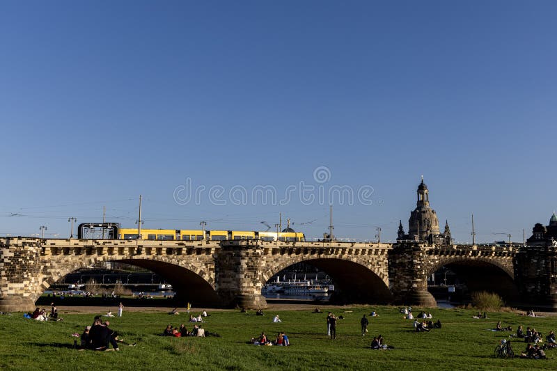 Dresden, Germany April 5, 2025. Elbe River and a Beach with Vacationing ...
