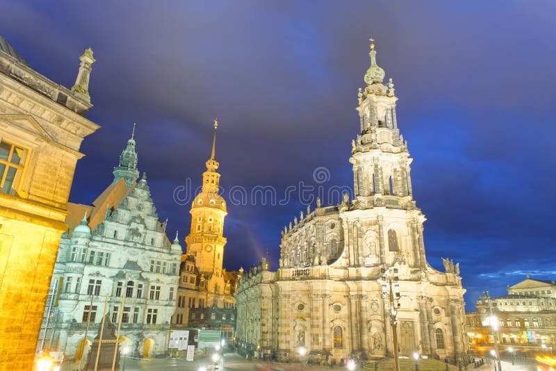 Dresden Landmarks in Schlossplatz at Night, Germany Stock Image - Image ...