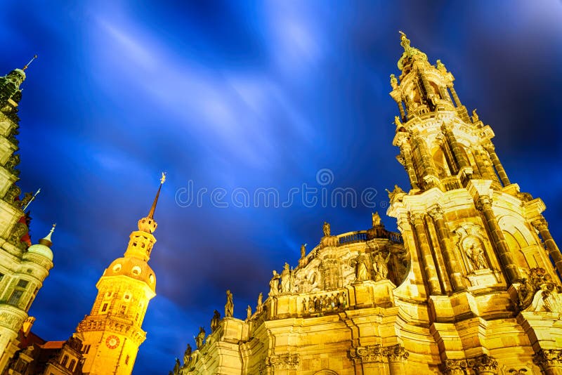 Dresden Landmarks in Schlossplatz at Night, Germany Editorial Stock ...
