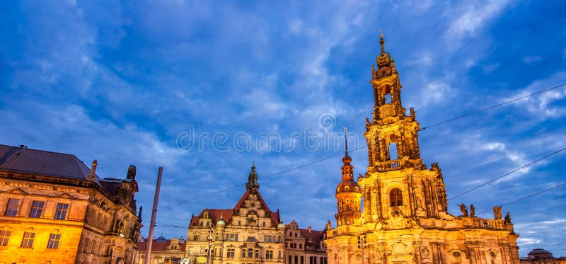 Dresden Main Landmarks at Night from City Square, Germany Stock Photo ...