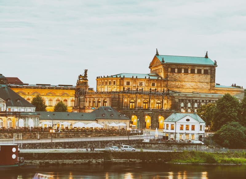 Dresden Night Landscape with Medieval Architecture and Elbe Rive Stock ...