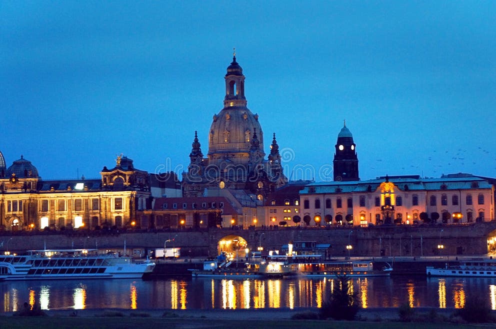 Dresden View from Elbe River by Night Stock Photo - Image of street ...