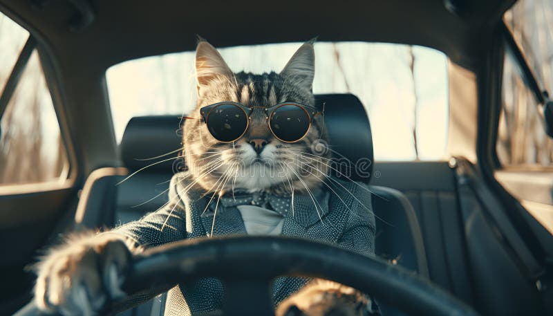 Dressed Cat in Sunglasses Driving a Car Driving Along the Road Stock ...