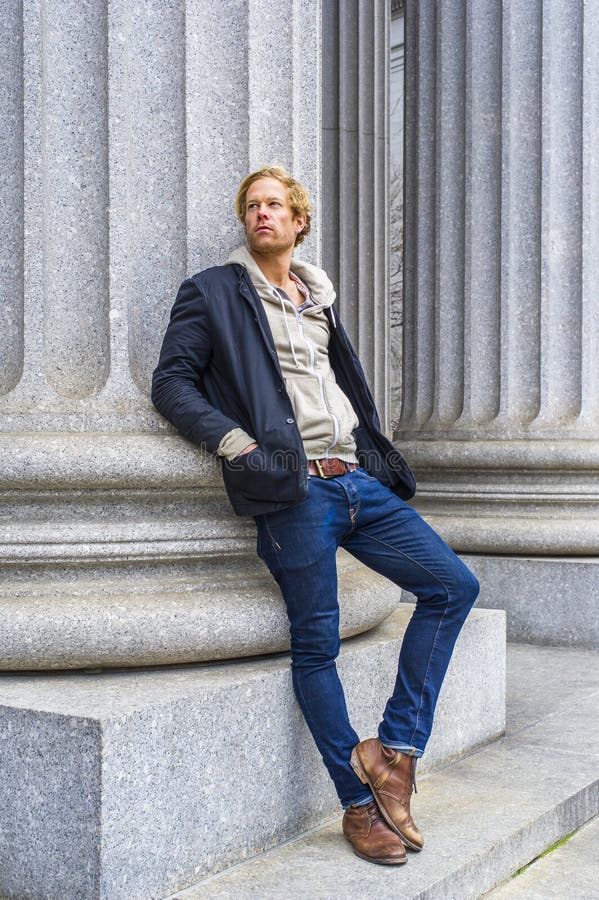 Young Man Thinking Outside Office Stock Image - Image of dude ...