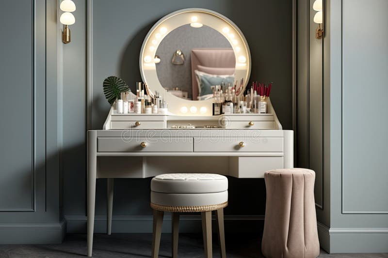 Dressing Table with Chair, Large Lighted Mirror and Makeup Accessories ...