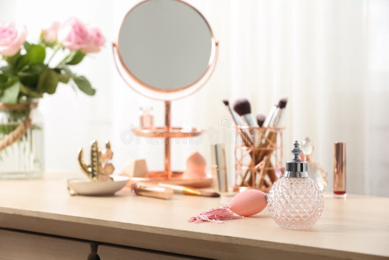 Dressing Table with Different Makeup Products and Accessories Stock ...