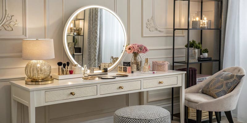 Dressing Table with Elegant Round Mirror. Interior Design and Home ...