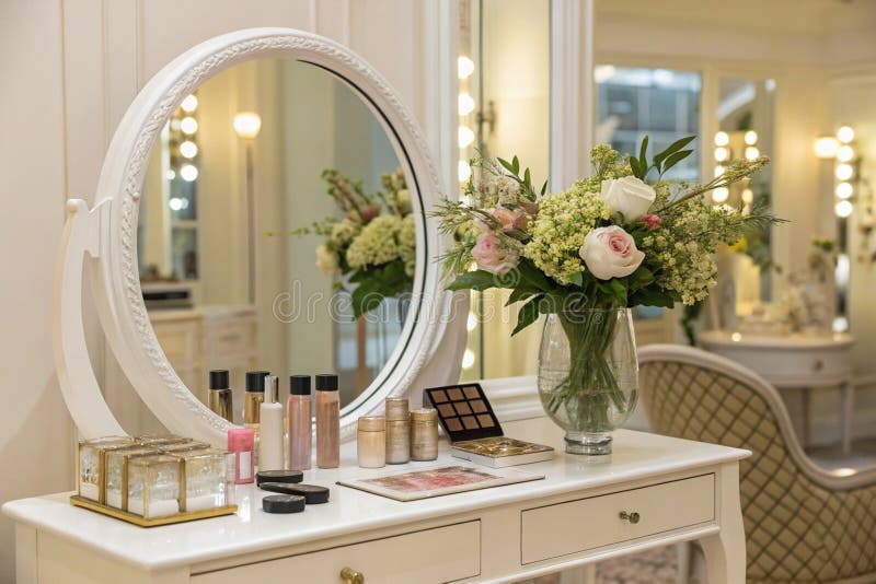 Dressing Table with Elegant Round Mirror. Interior Design and Home ...