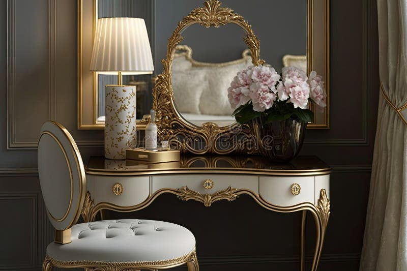 A Dressing Table with a Gold-plated Mirror and Crystal Accents in a ...