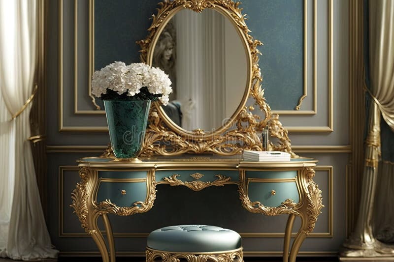 A Dressing Table with a Gold-plated Mirror and Crystal Accents in a ...