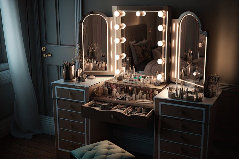 Dressing Table with Mirror and Lighted Makeup Station Stock ...