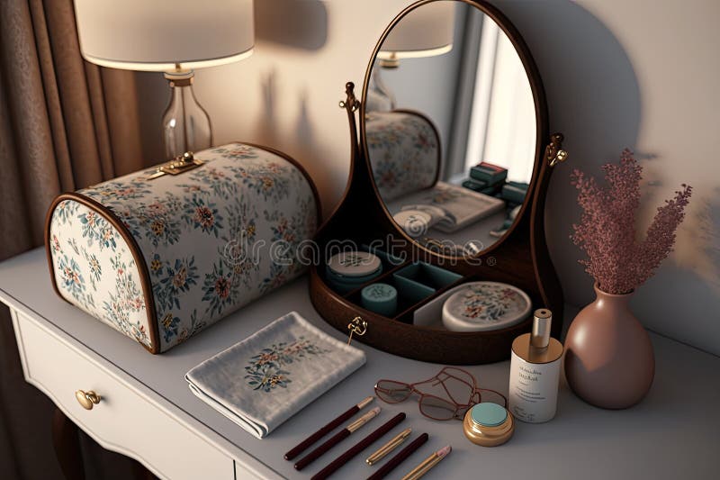 Dressing Table with Mirror and Makeup Bag, Ready for Morning Routine ...