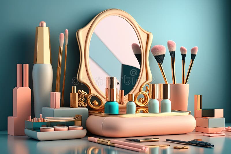 Dressing Table with Mirror, Makeup Brushes, and Bottles of Beauty ...