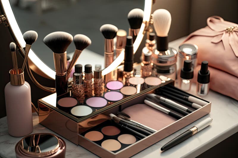 Dressing Table with Mirror, Makeup Brushes, and Bottles of Beauty ...