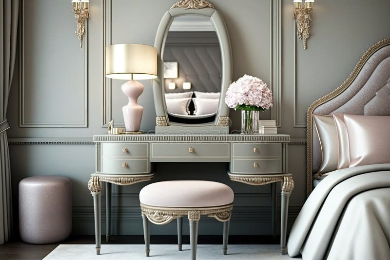 Dressing Table with Mirror and Vanity Stool in Elegant Bedroom Stock ...