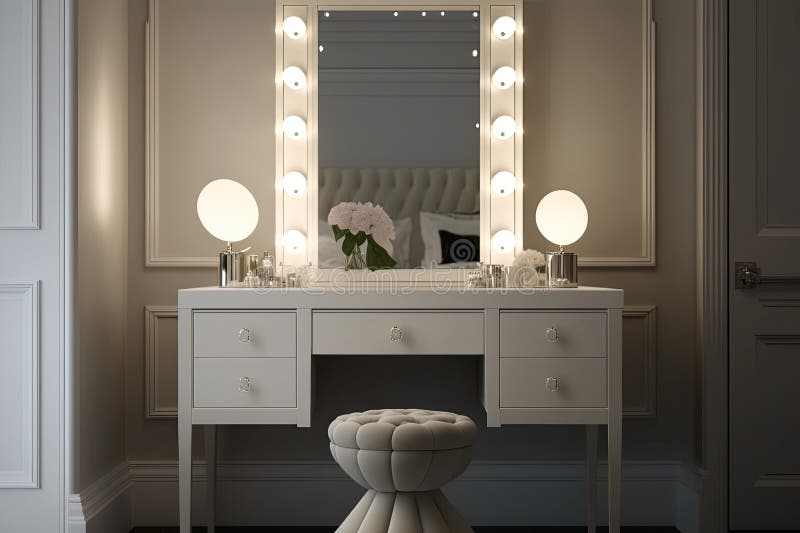 Dressing Table with Sleek, Minimalist Mirror and Lighted Vanity Lights ...
